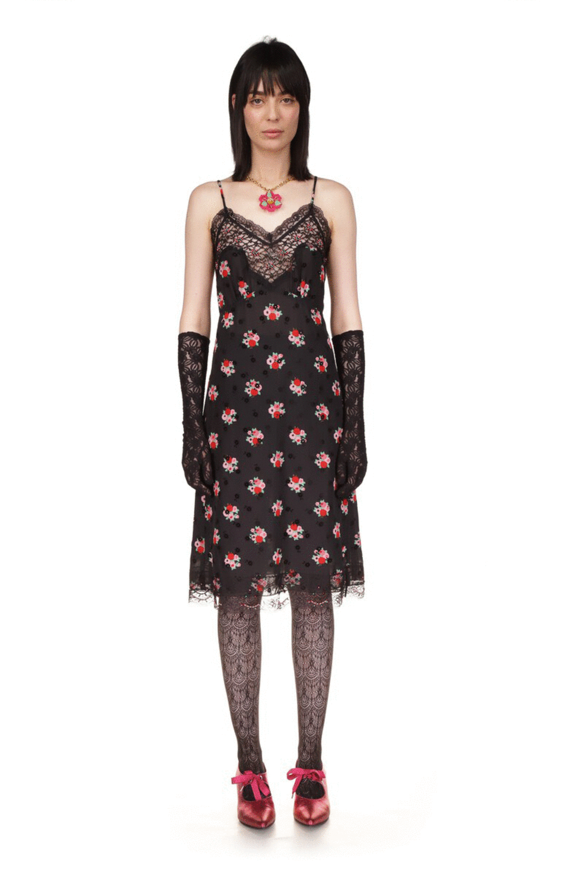 Anna Sui Rosie Posie Slip Dress - Black Multi | Garmentory