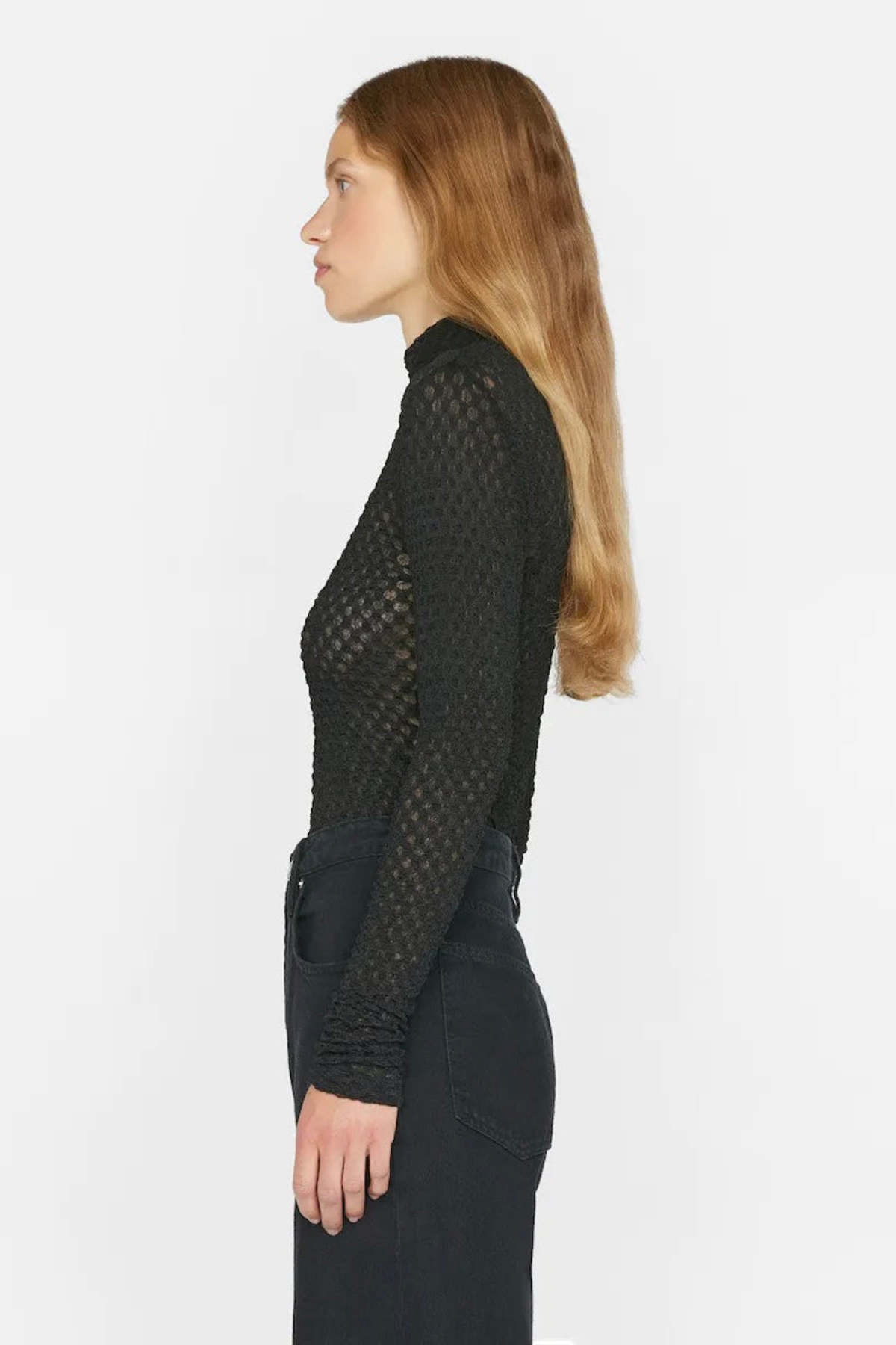 FRAME Denim Mesh Lace Turtleneck - Noir | Garmentory