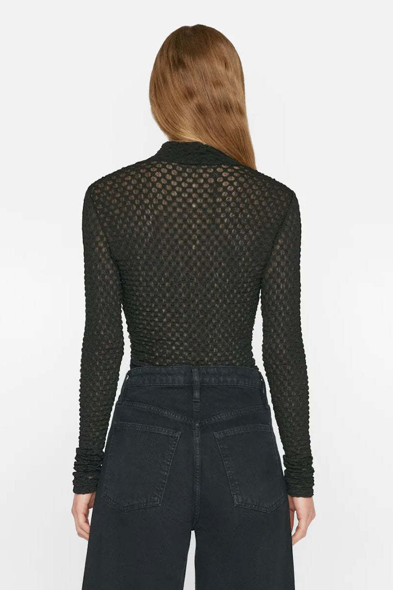 FRAME Denim Mesh Lace Turtleneck - Noir | Garmentory
