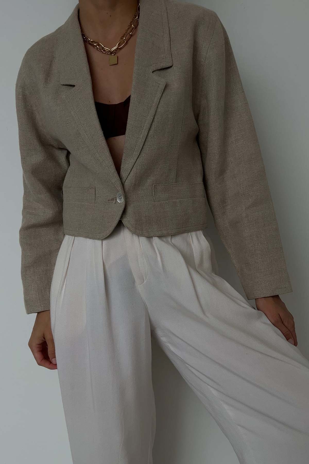 Vintage Linen Cropped Blazer - Ecru | Garmentory
