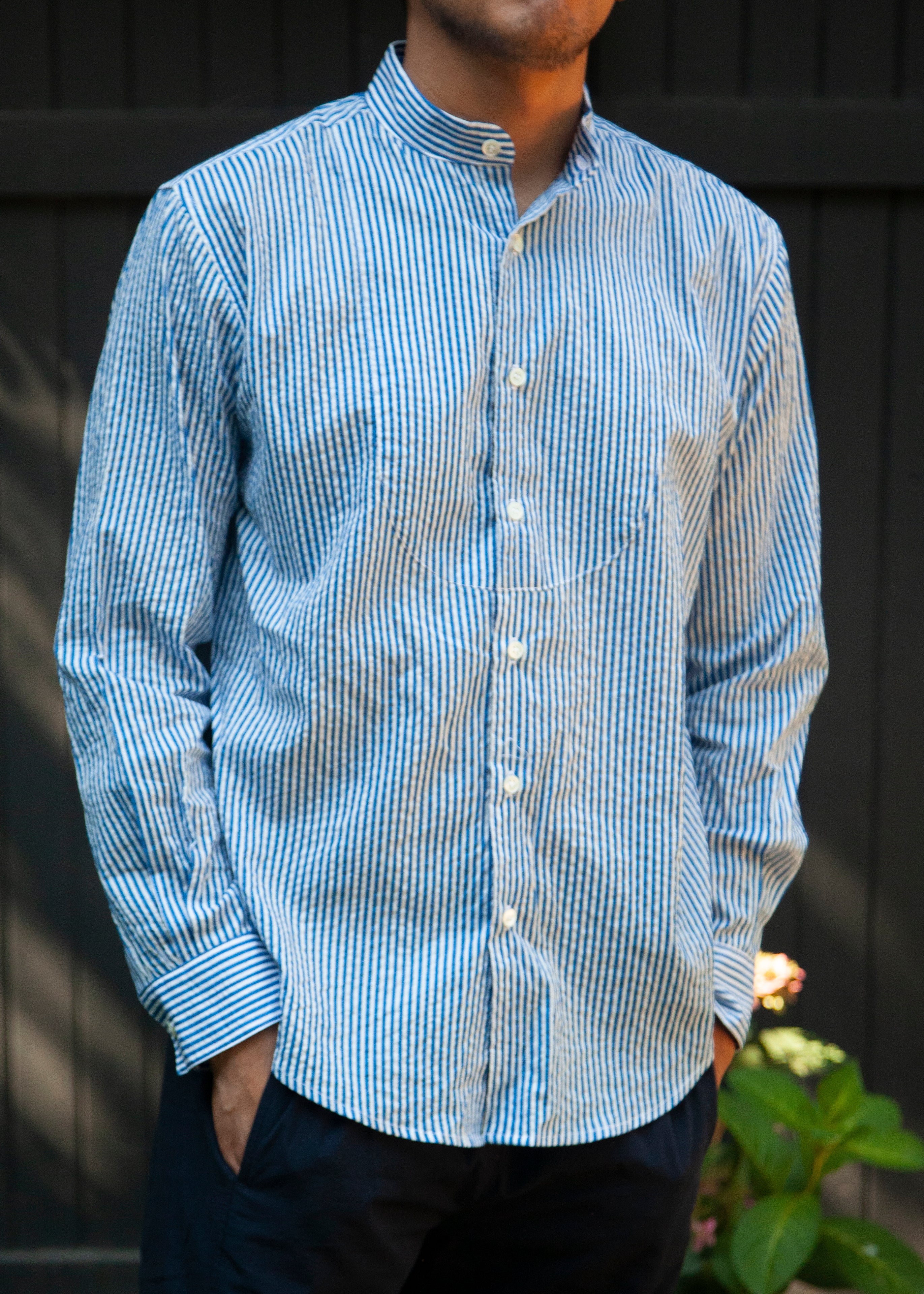 Steven Alan x Clare V The Tux Shirt - Blue/Cream Stripe | Garmentory