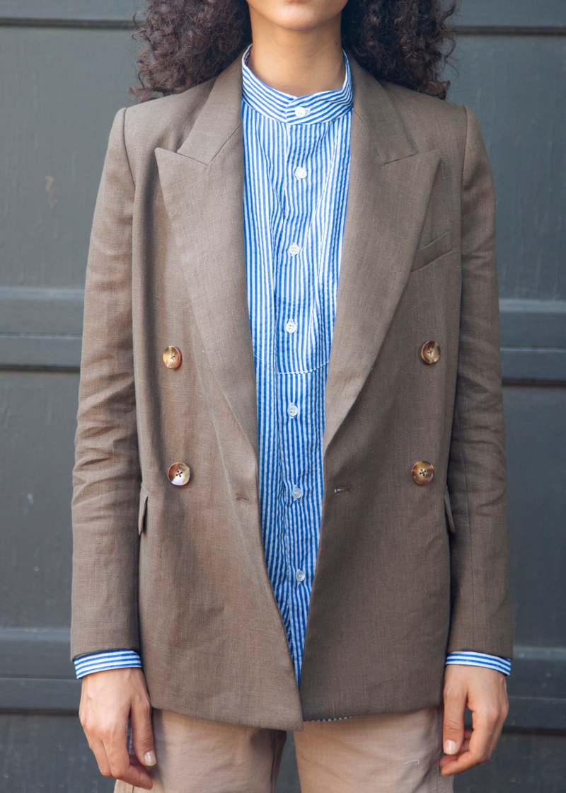 Steven Alan x Clare V The Tux Shirt - Blue/Cream Stripe | Garmentory