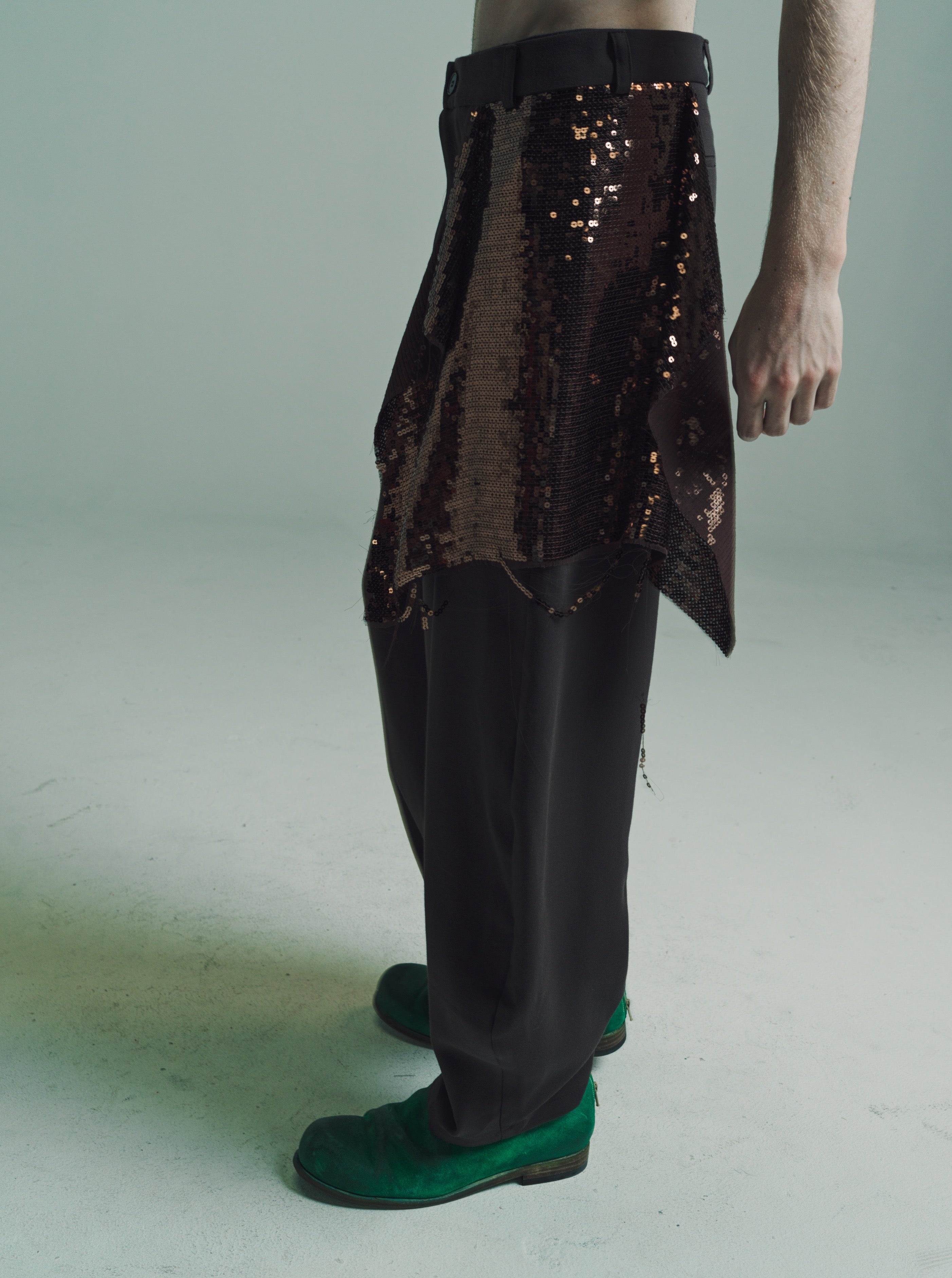 Edward Cuming Twill Sequin Kickout Drape Trouser - Brown | Garmentory