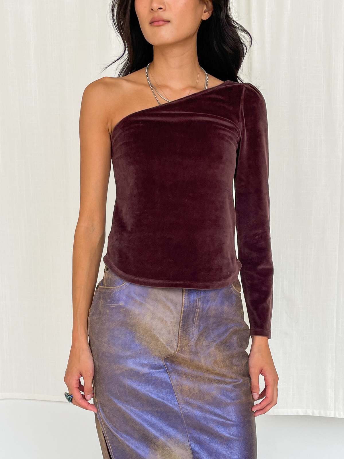 Velvet One-Shoulder Puffed Sleeve Top - Brown | Garmentory