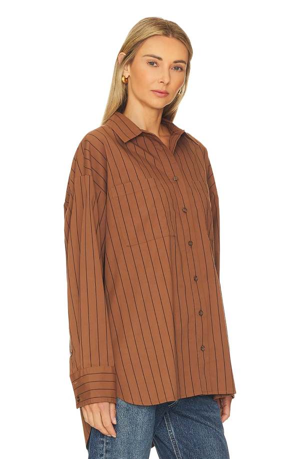 Pistola Rena Button Down Tunic Shirt - Chestnut/Noir Stripe | Garmentory