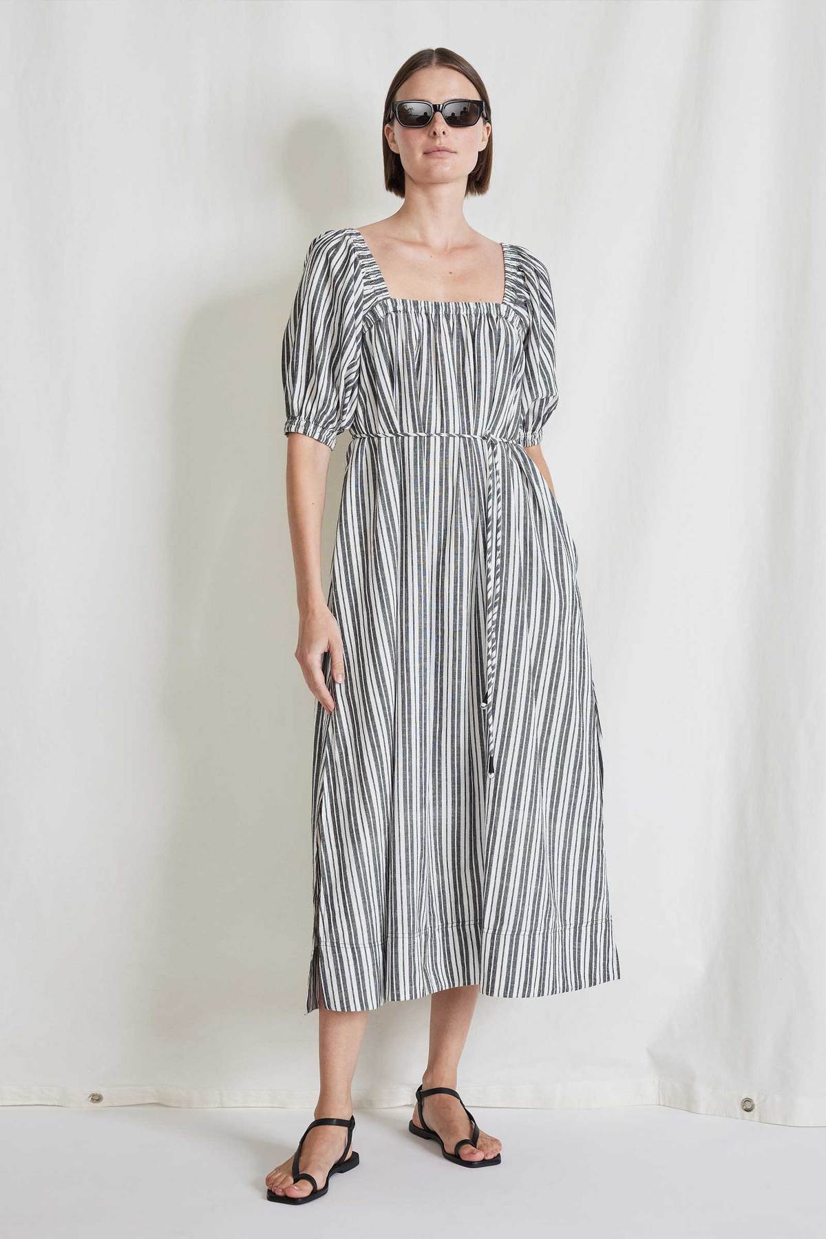 Apiece Apart Gali Shirred Midi Dress - Espana Stripe | Garmentory
