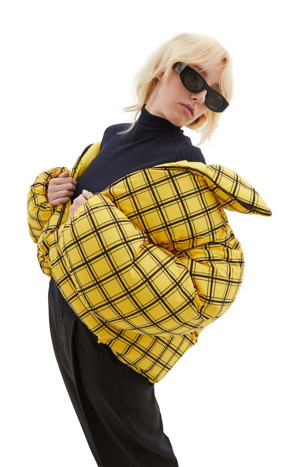Checked Puffer Jacket (Black & Yellow) | Garmentory