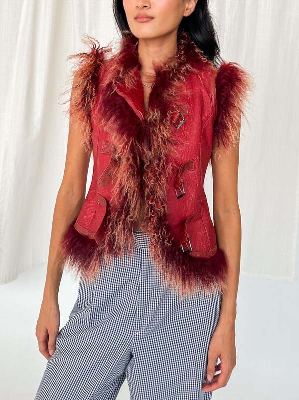 Curly Fur Trim Shearling Vest - Red | Garmentory