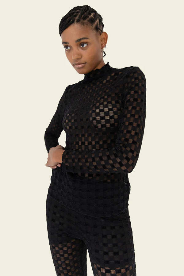 Find Me Now - Harmony Checkered Mesh Top (Black) | Garmentory