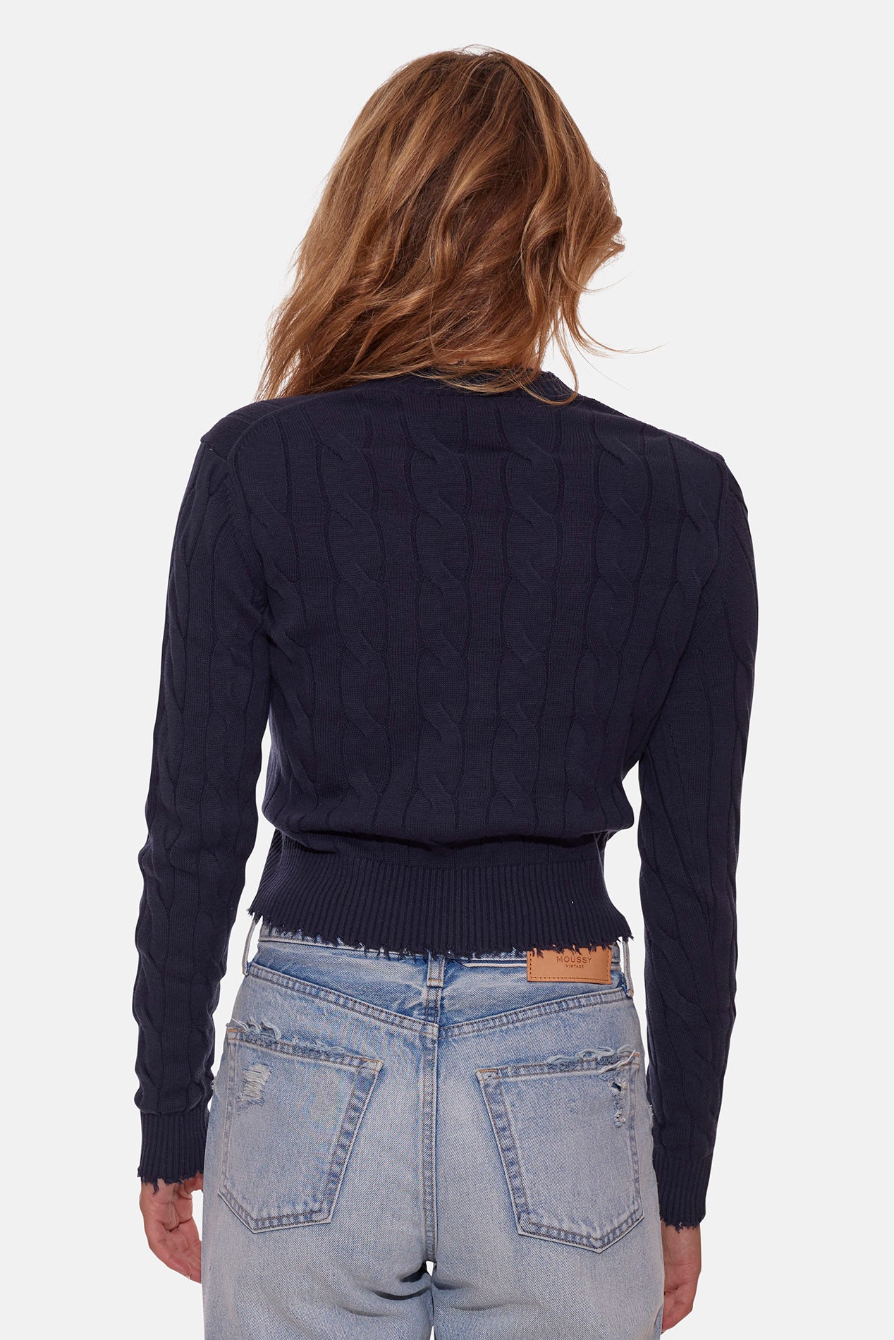 Blue&Cream Satya Cable Cropped Cardigan - Navy | Garmentory