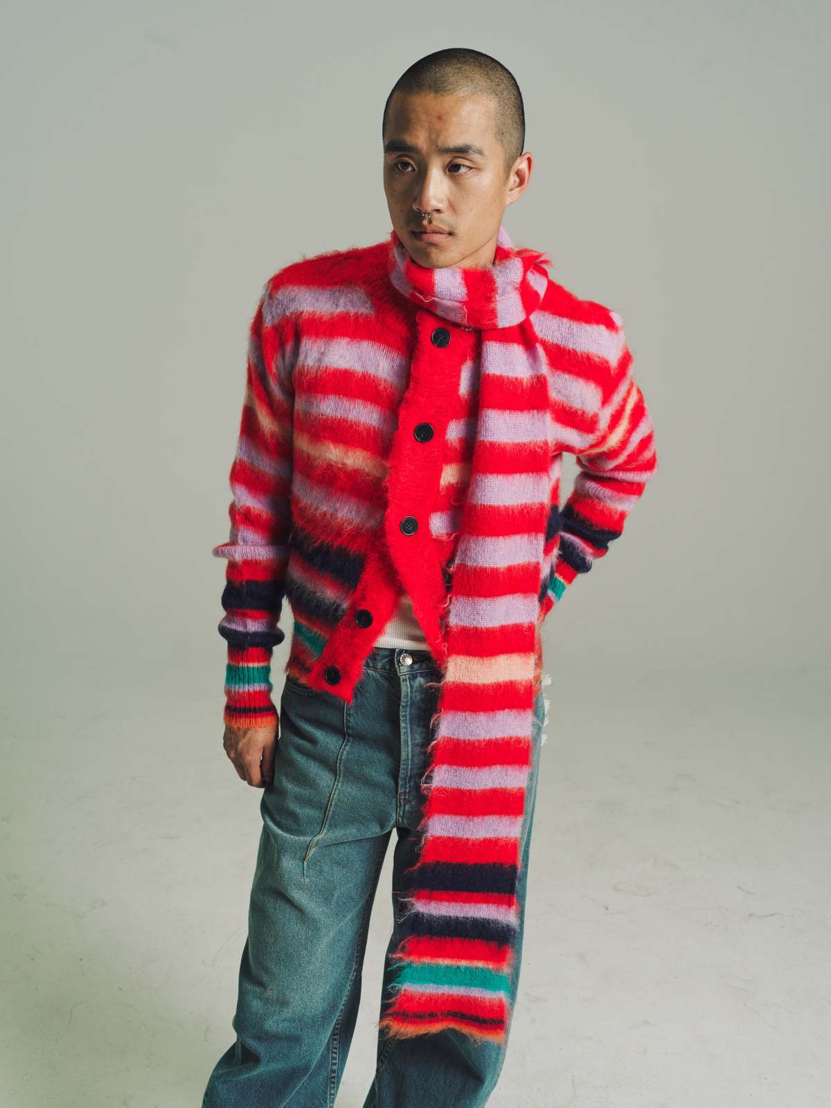 Edward Cuming Mohair Cardigan - Red Multi Stripe | Garmentory