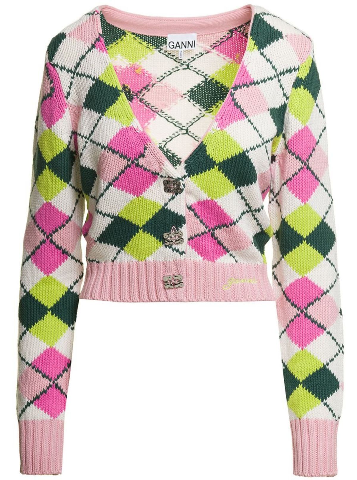 Multicolor Cardigan with Jacquard Graphic and Branded Rhinestone ...