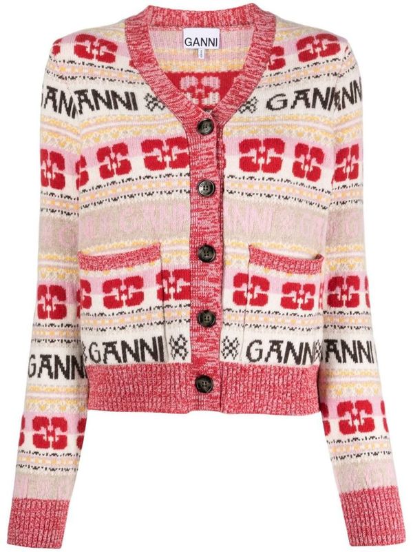 Ganni Intarsia-knit Logo Cardigan - Multicolour | Garmentory