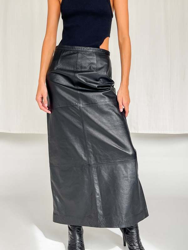 Leather Paneled Maxi Skirt- Black | Garmentory