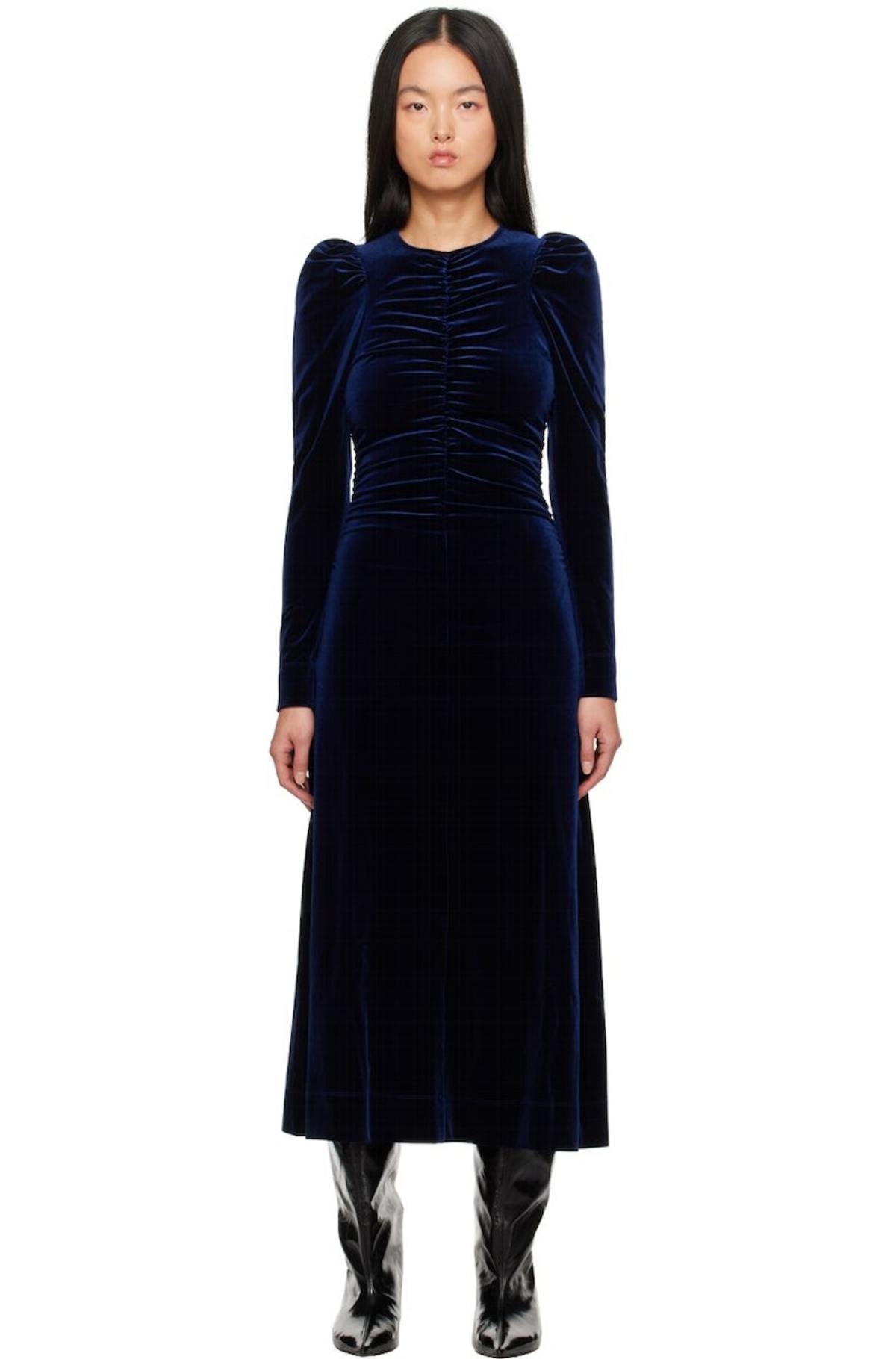 GANNI Blue Gathered Maxi Dress | Garmentory