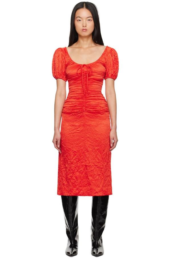 GANNI Red Crinkled Midi Dress | Garmentory