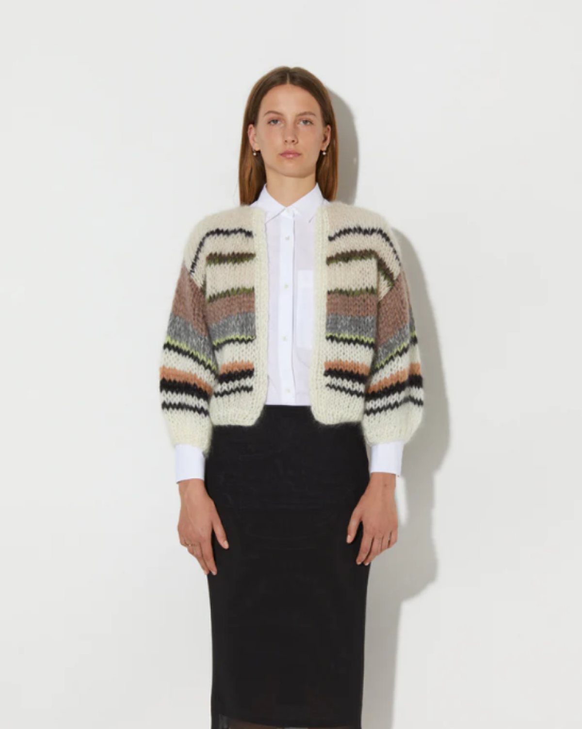 Maiami Mohair Jane's Stripe Bomber Cardigan - Creme/Beige | Garmentory