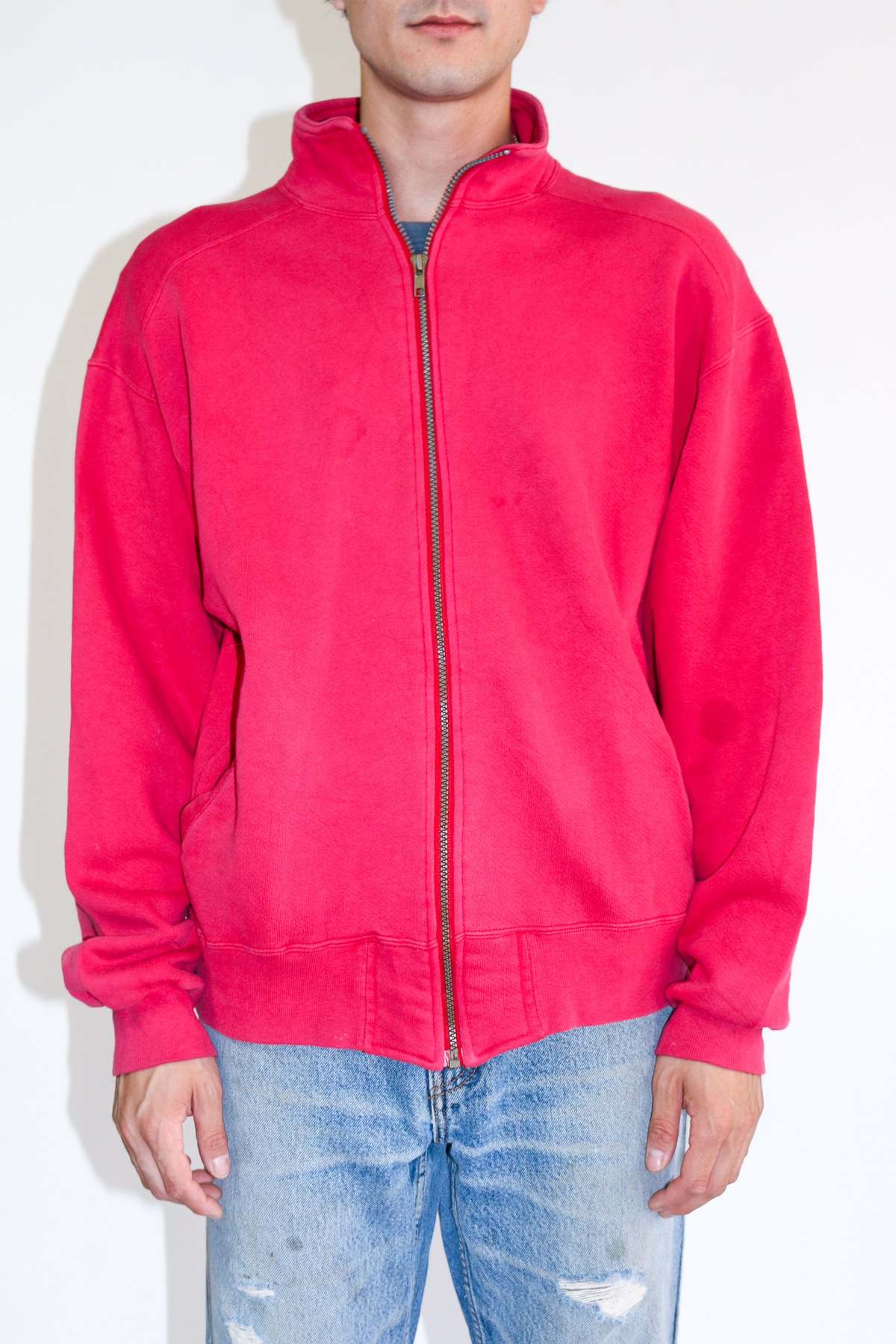Faded Red Full Zip Collared Sweatshirt - 1990's | Garmentory