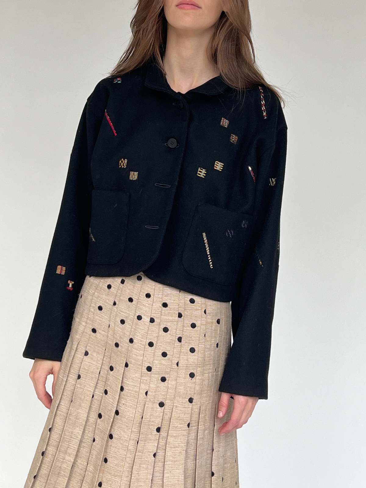Embroidered Wool Crop Jacket - Black | Garmentory