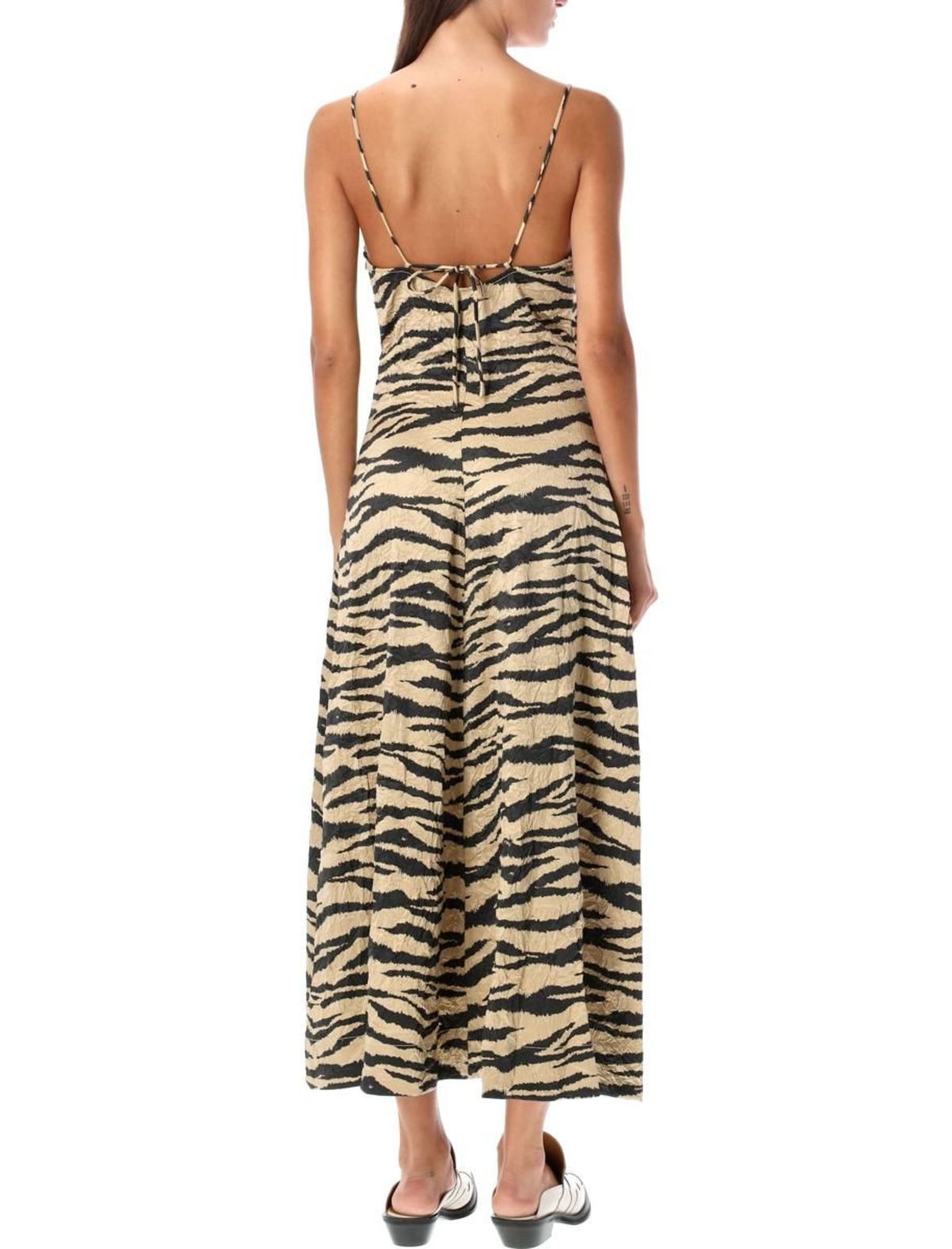 Ganni Crinkled satin maxi strap dress - Tiger Khaki | Garmentory