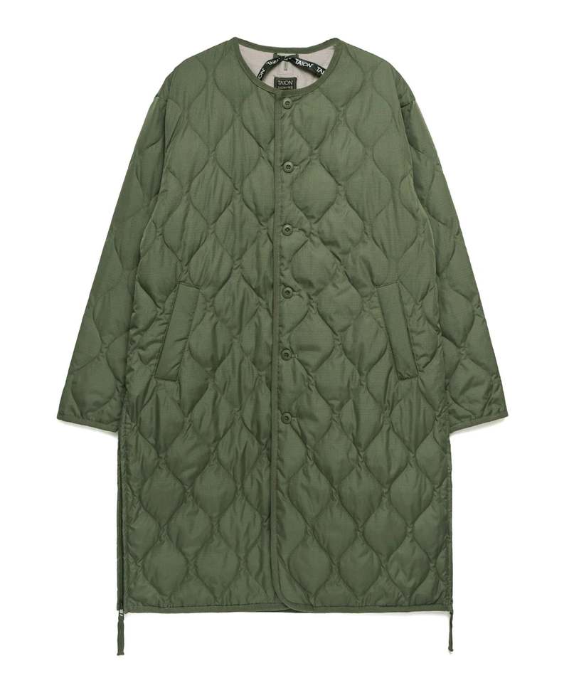 Taion Long Military Crew Neck Quilted Coat - Olive | Garmentory