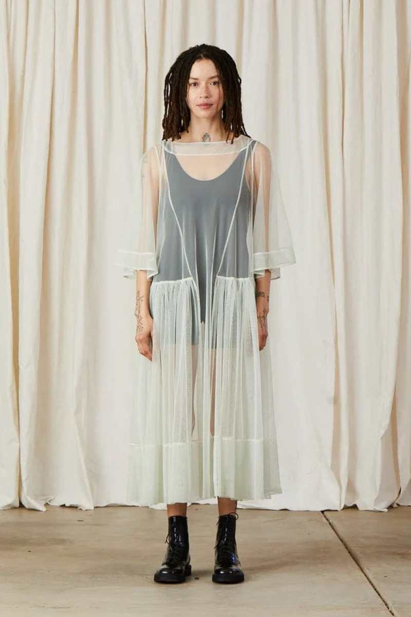 Ali Golden Side Ruffle Mesh Dress - Light Sage | Garmentory