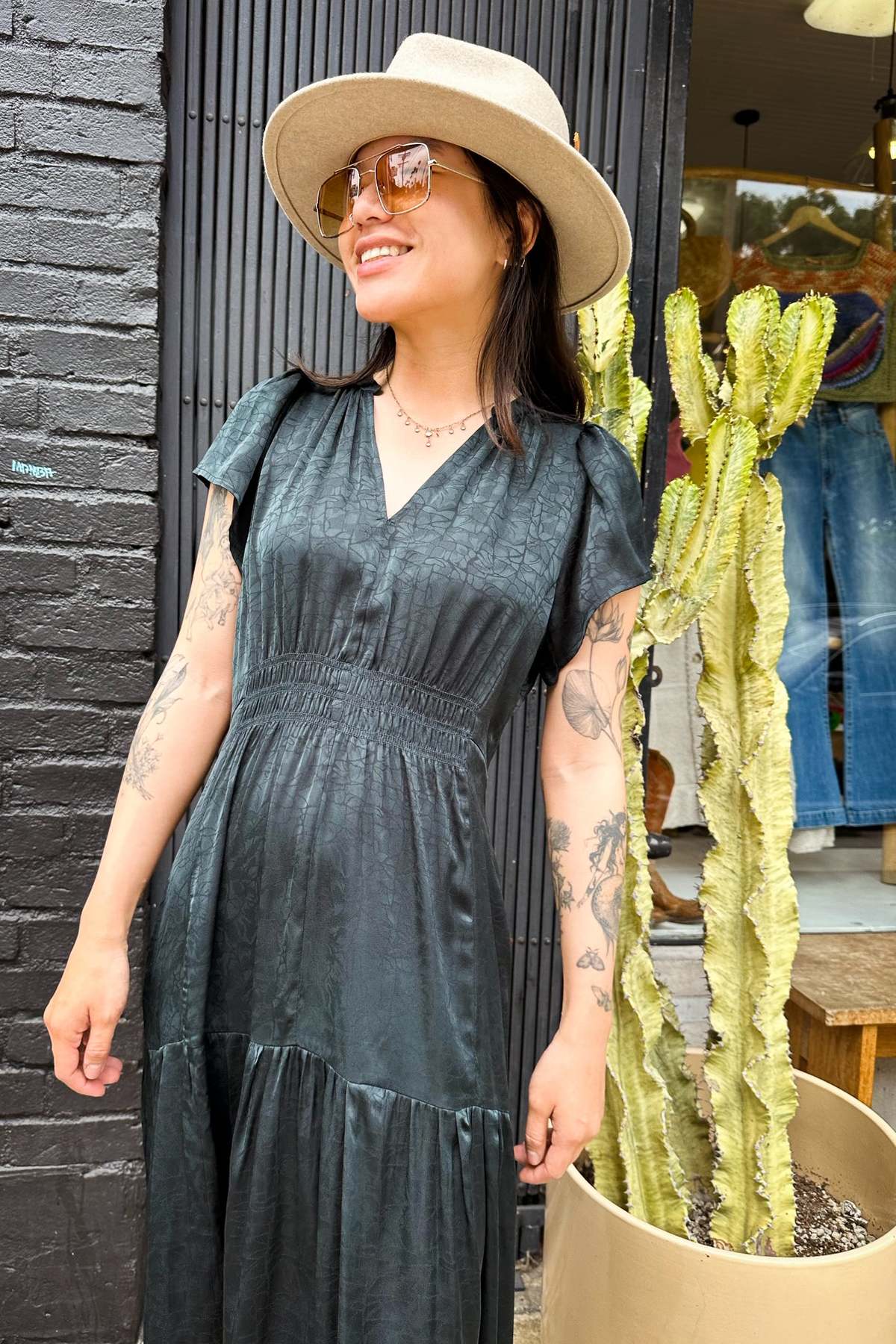 Grade & Gather Textured Satin Midi Dress - Dark Forest | Garmentory