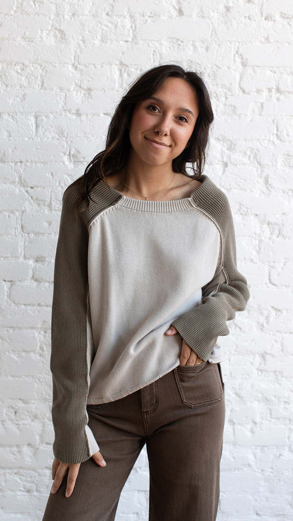 Grade & Gather Dust Two Tone Sweater - Olive/Beige | Garmentory