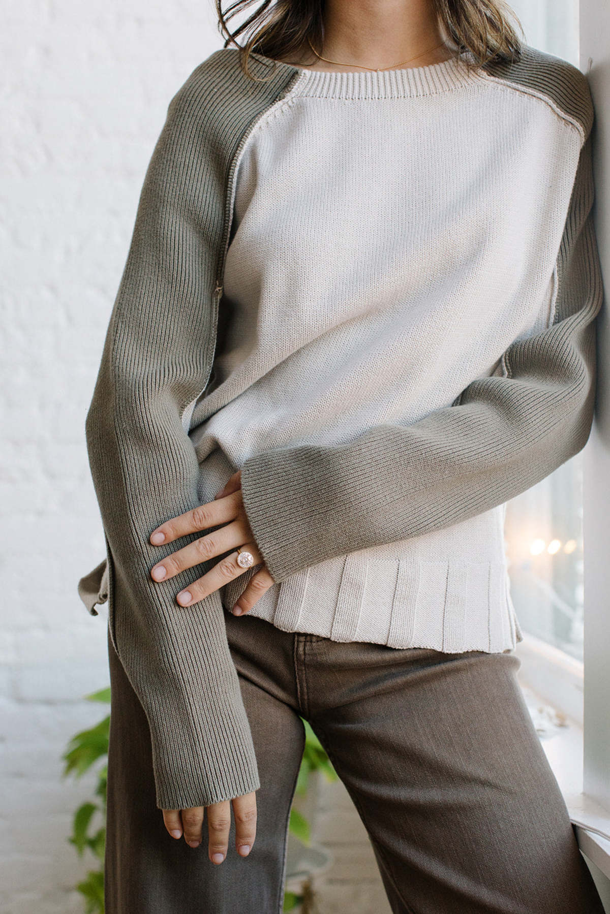 Grade & Gather Dust Two Tone Sweater - Olive/Beige | Garmentory