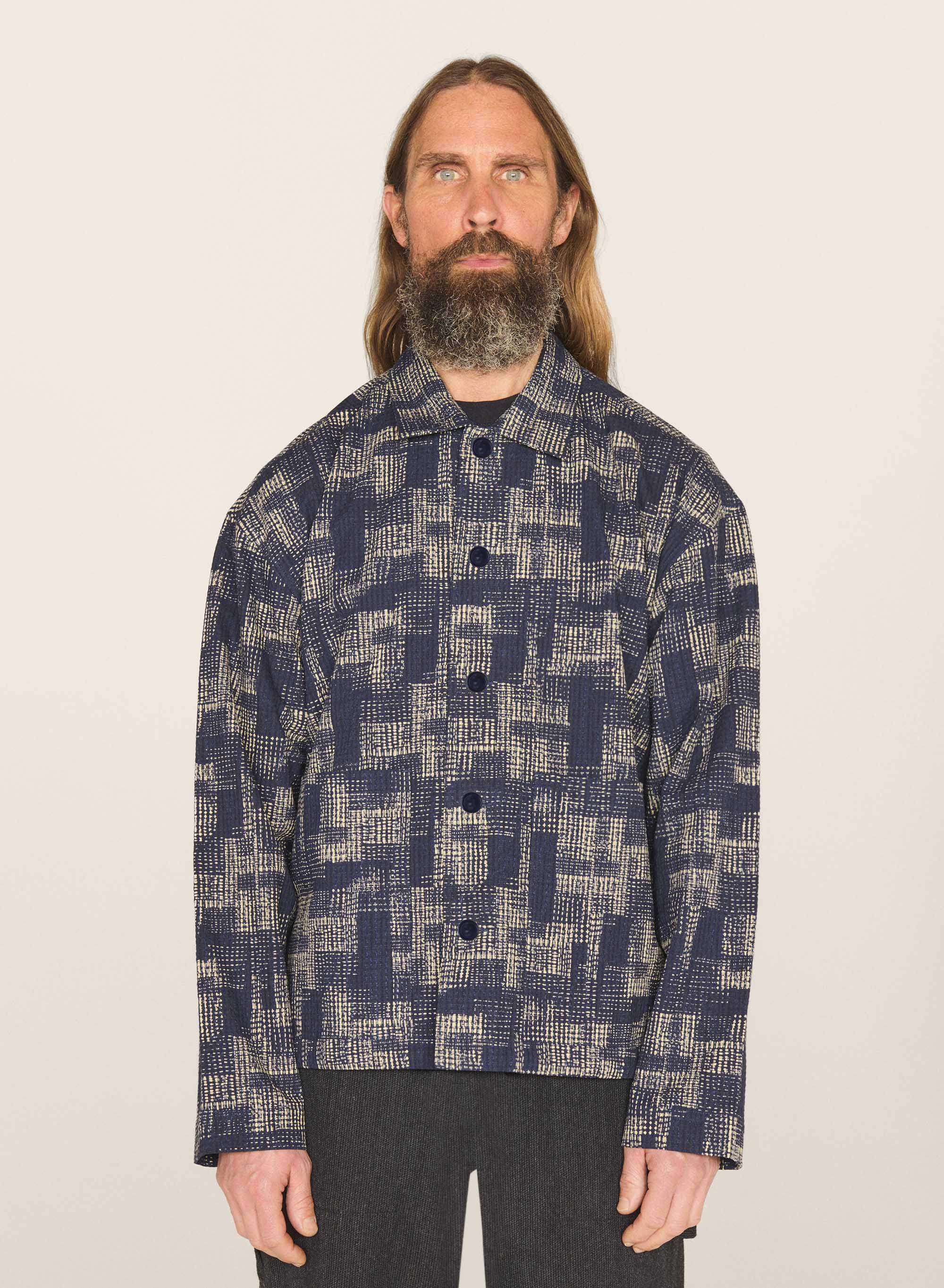 YMC PJ Block Print Seersucker Overshirt - Navy | Garmentory