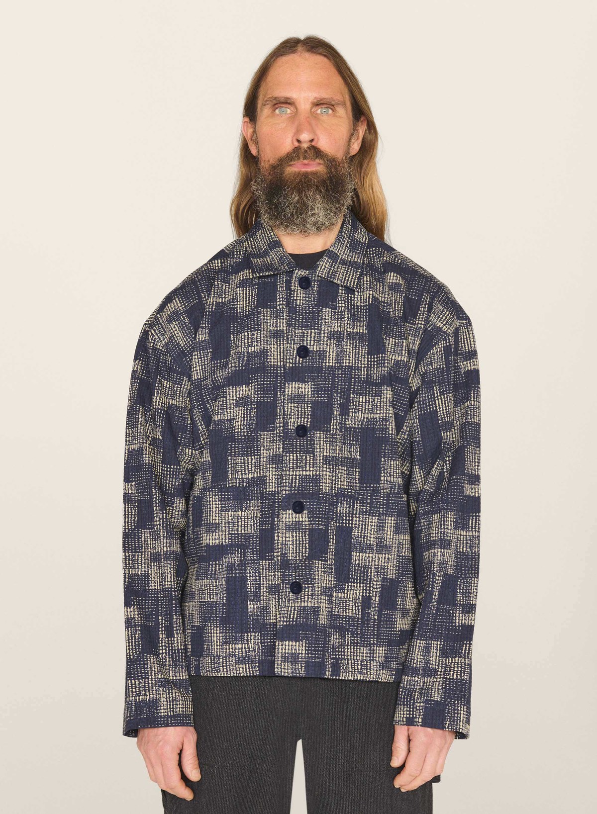YMC PJ Block Print Seersucker Overshirt - Navy | Garmentory