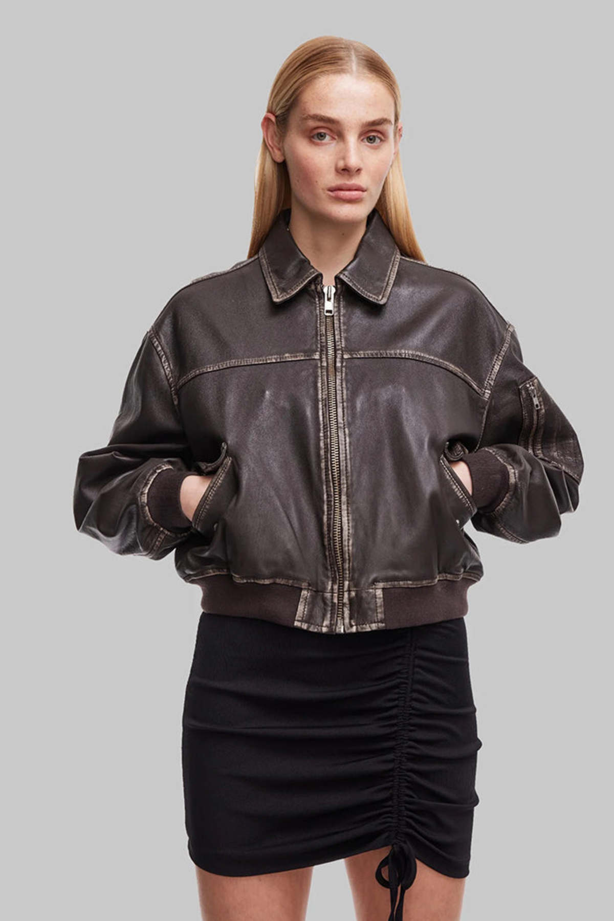 Oval Square Rocker Leather Bomber - Vintage Dark Oak | Garmentory