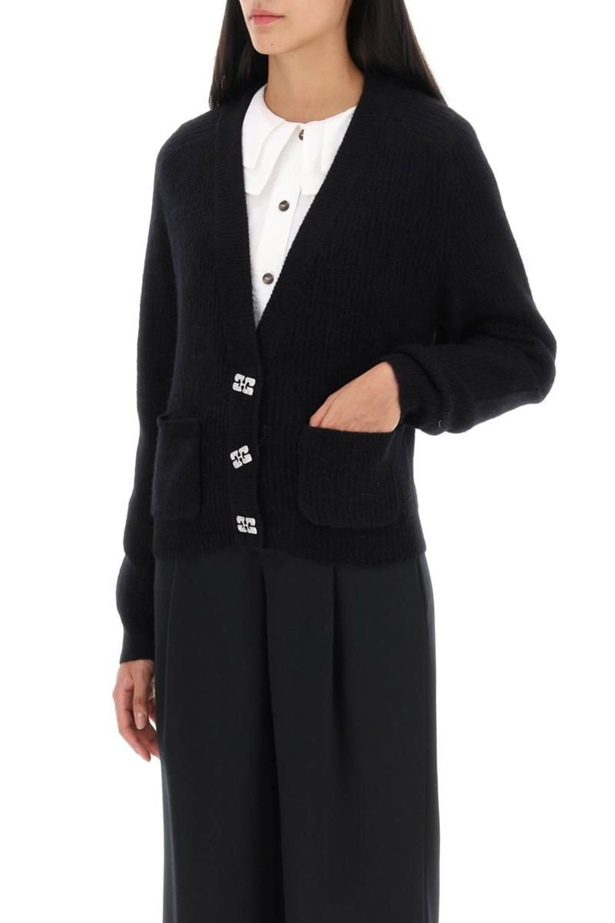 Ganni cardigan with diamant butterfly buttons - Black | Garmentory