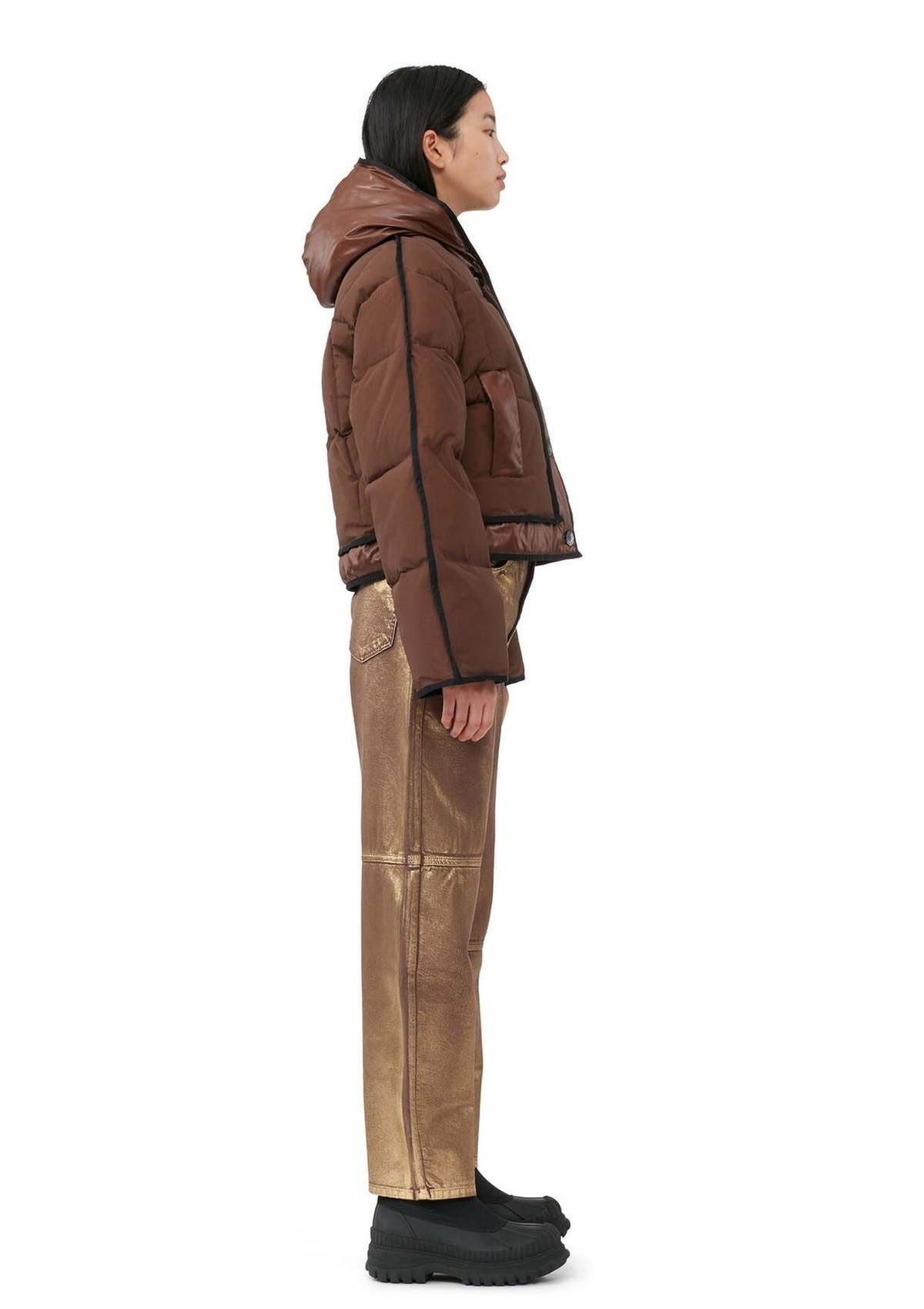 Ganni Mix Puffer Hooded Short Jacket - Shaved Chocolate | Garmentory