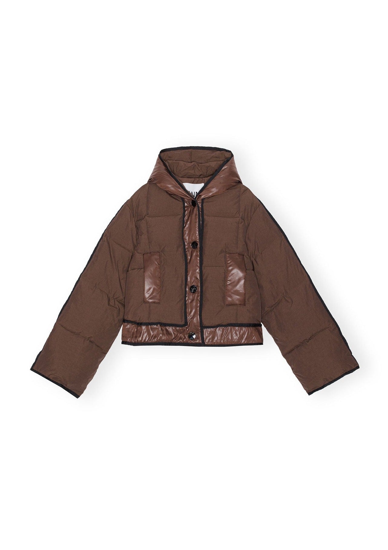 Ganni Mix Puffer Hooded Short Jacket - Shaved Chocolate | Garmentory