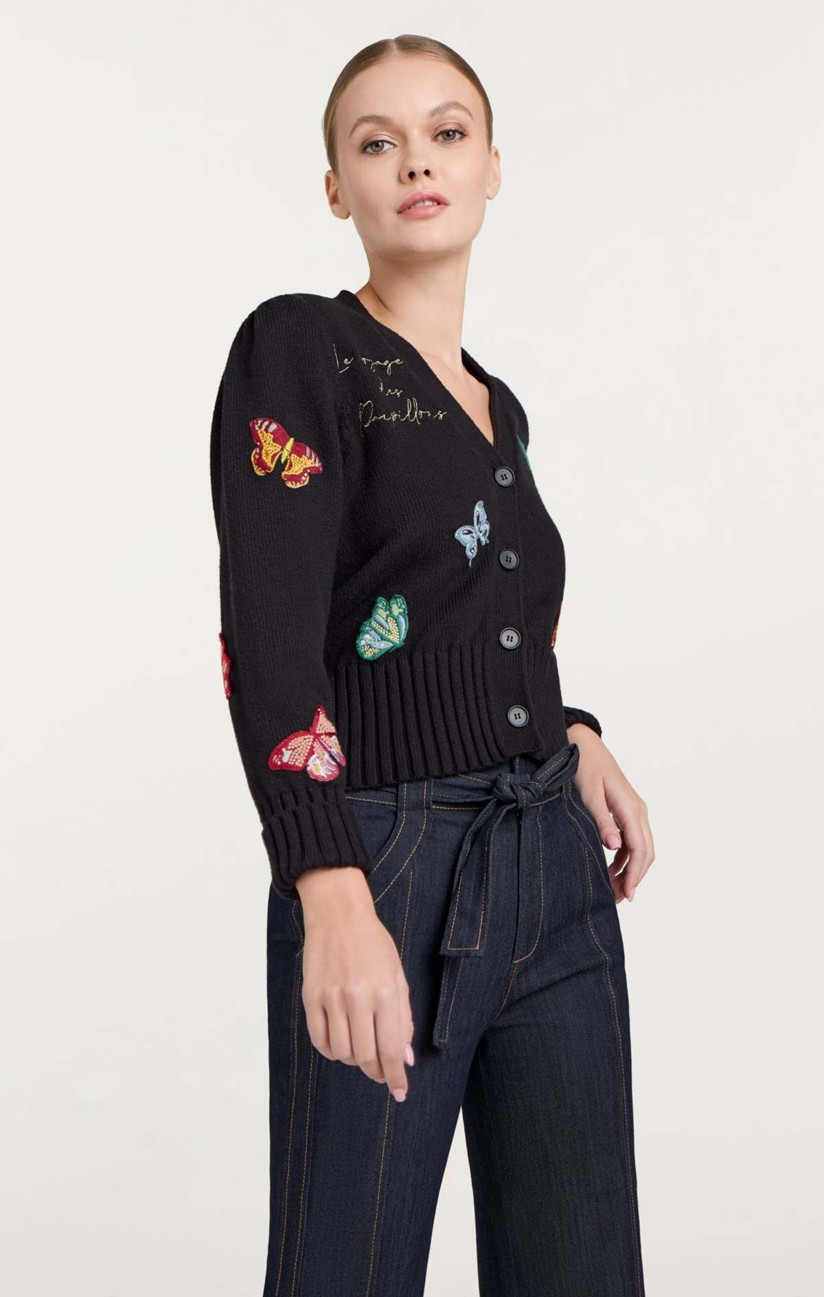 Cinq à Sept Butterfly Embellished Morgan Cardigan - Black | Garmentory