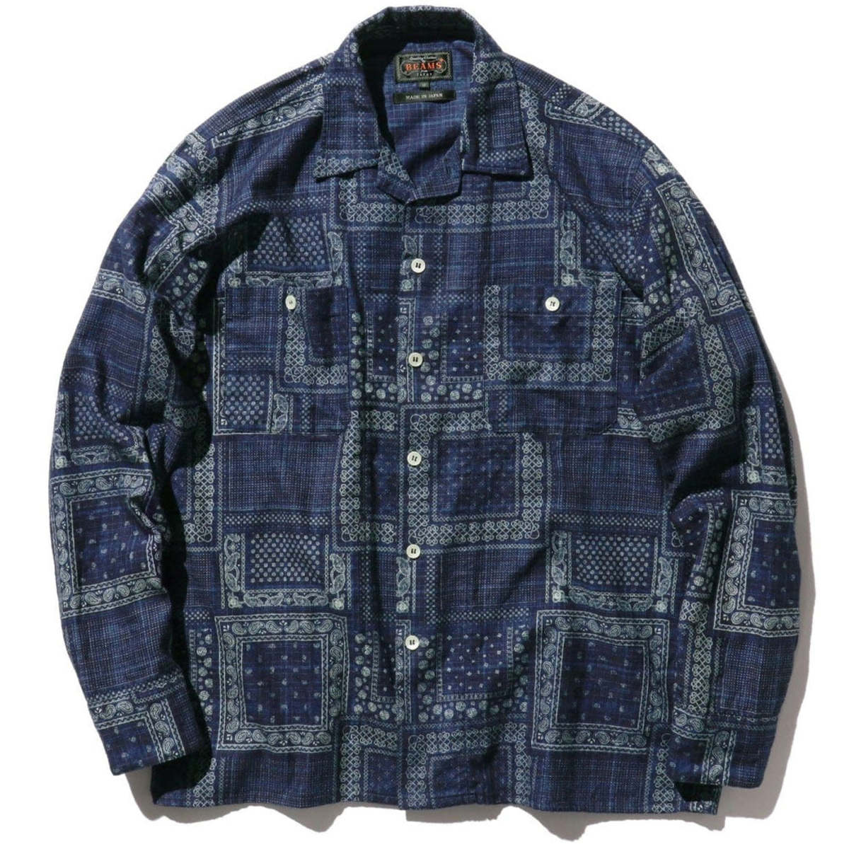 Beams Plus Discharge Print Open Collar Shirt - Indigo | Garmentory