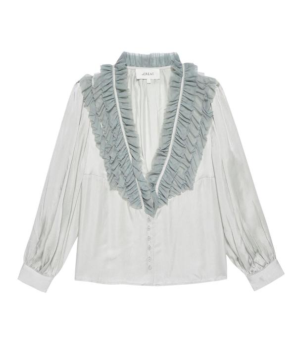 The Great. The Ruffled Tuxedo Top - Silver/Icy Blue | Garmentory